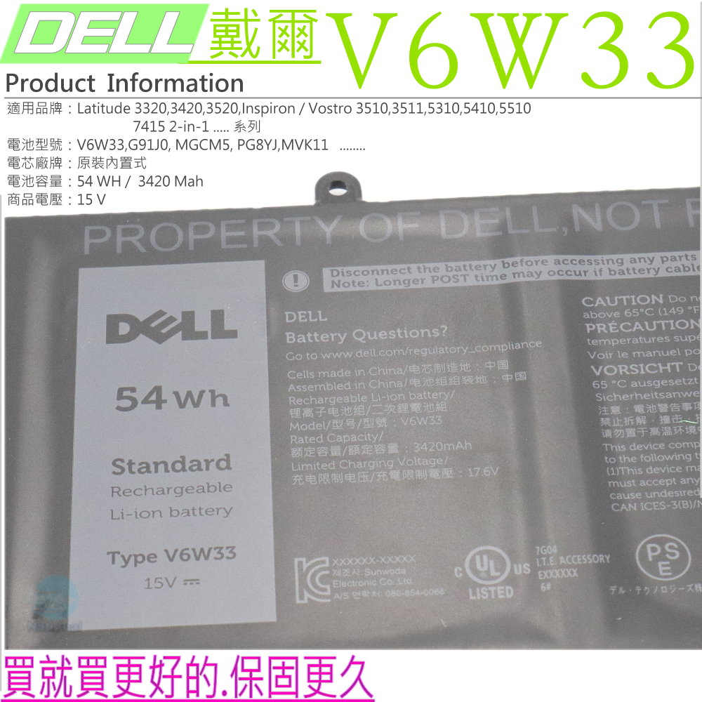 DELL V6W33 電池 Inspiron 3510,3511,5310,5410 5510,7415,3515,5415 MGCM5 ...