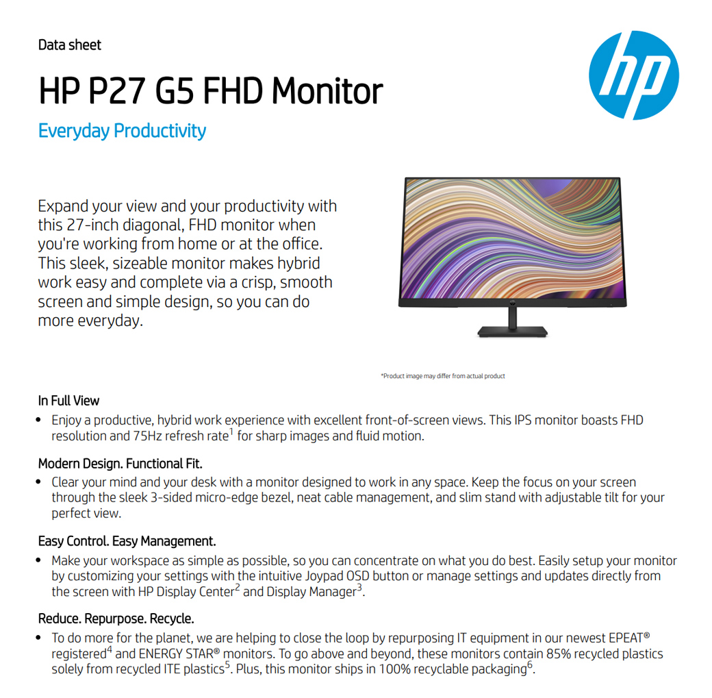 HP P27 G5 護眼窄邊螢幕 (27型/FHD/HDMI/DP/IPS) - PChome 24h購物